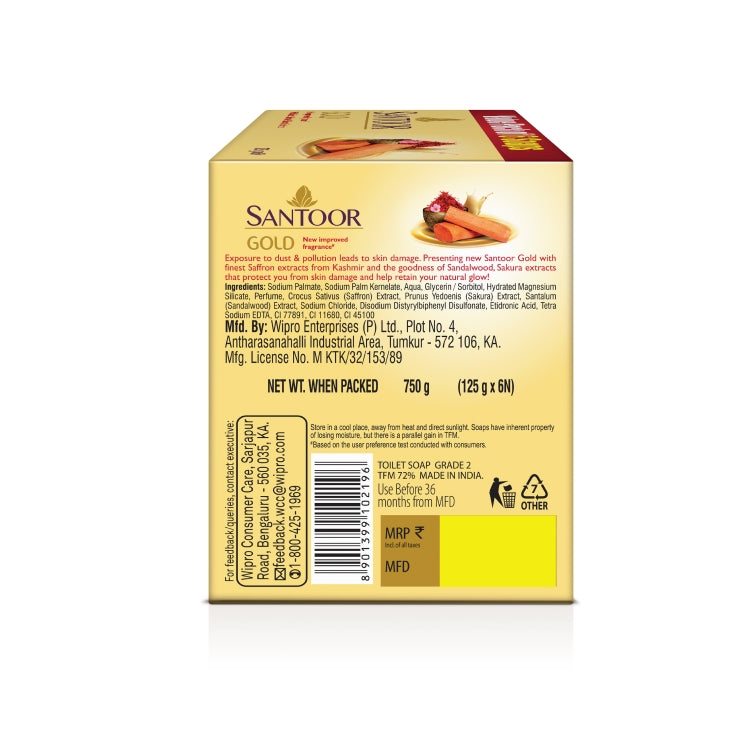 Santoor Gold Bathing Bar Soap with Kashmiri Saffron, Sandal & Sakura E