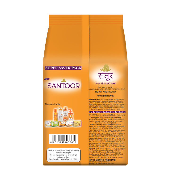 Santoor Sandal & Turmeric Soap, SSP, 100GX4