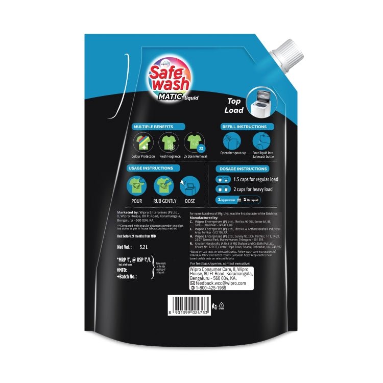 Wipro Safewash Matic Top Load Liquid Detergent Pouch (3.2L)